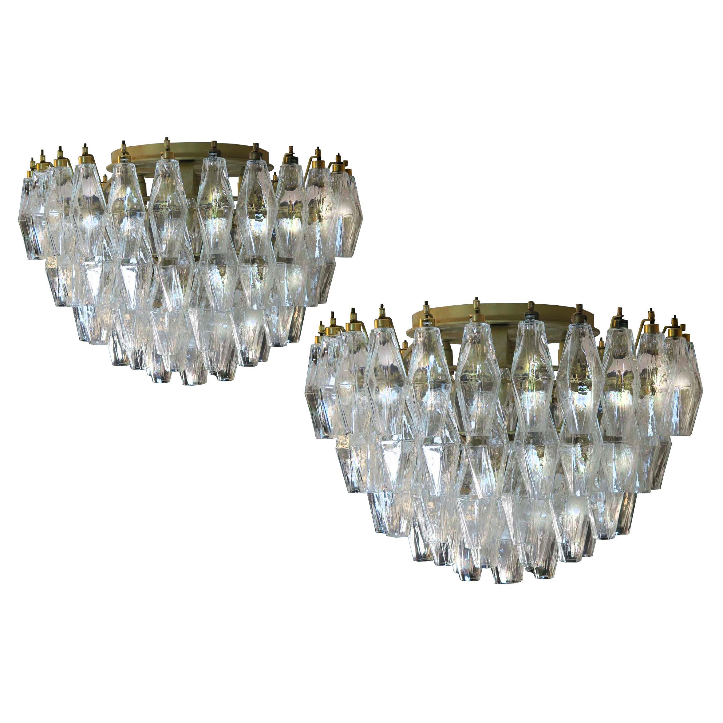 Round Pair of Ceiling Lamp Venini Ice Glass 1960 Triangolar Tubes ...
