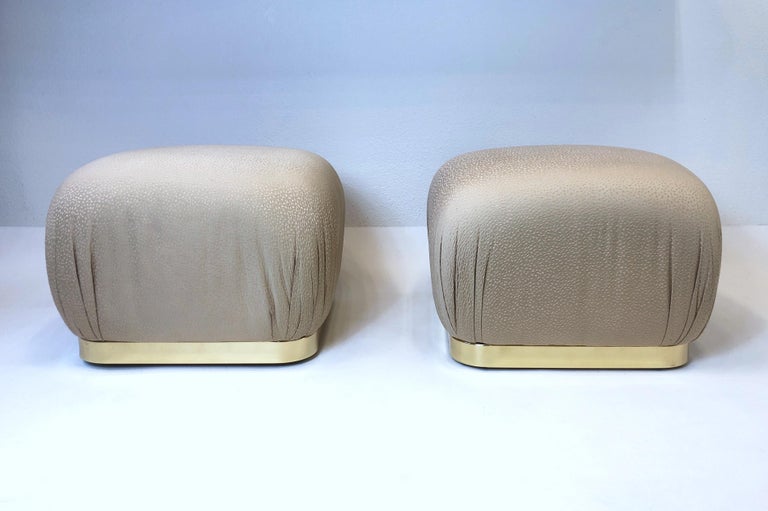 Pair of Polish Brass and Fabric Poufs by Weiman Company For Sale at 1stDibs