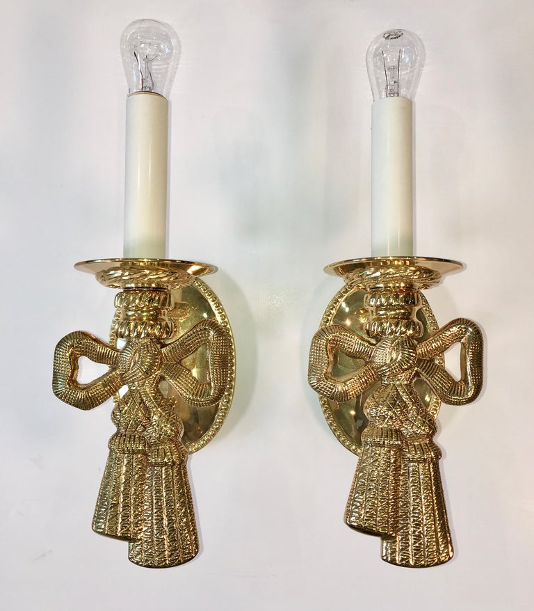 Pair of Polished Brass Bow Sconces For Sale at 1stDibs