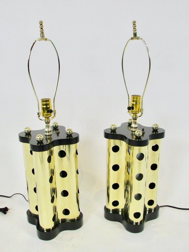 Pair of Polished Brass with Ebonized Ash Jewel like Table Lamps For ...