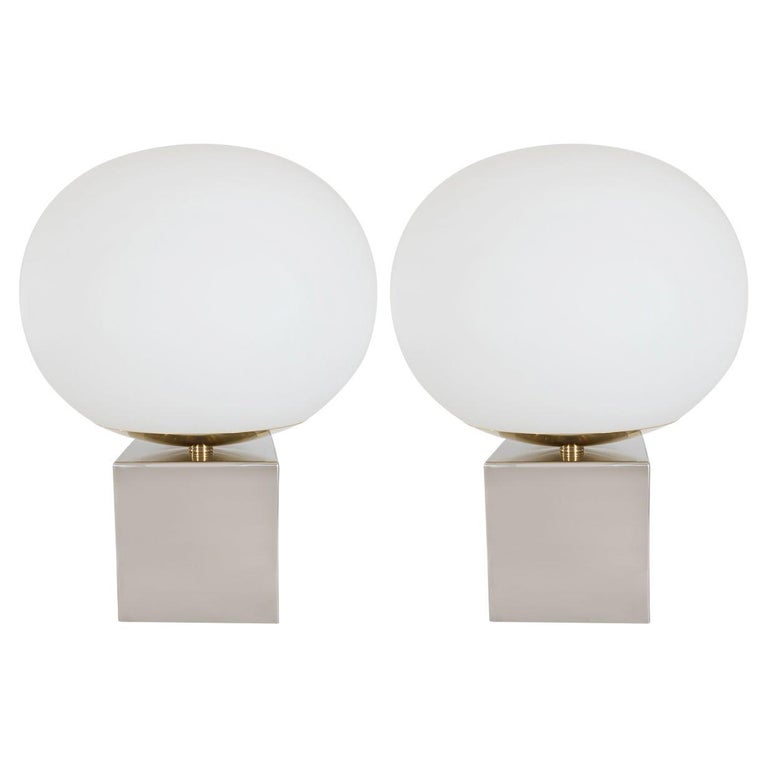 Pair of Polished Nickel Table Lamps with Spherical Frosted Glass Shades ...