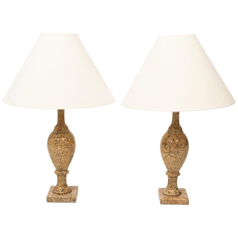 Pair of Polished Travertine Column Table Lamps at 1stDibs