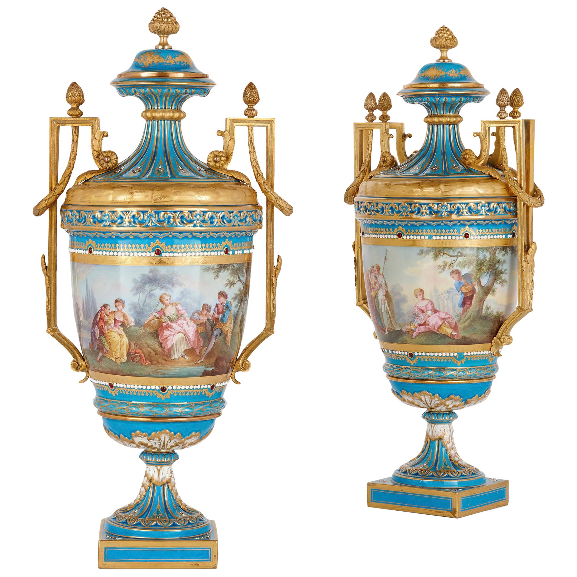 Pair of Gilt Bronze Mounted Porcelain Vases in Manner of Sèvres For ...