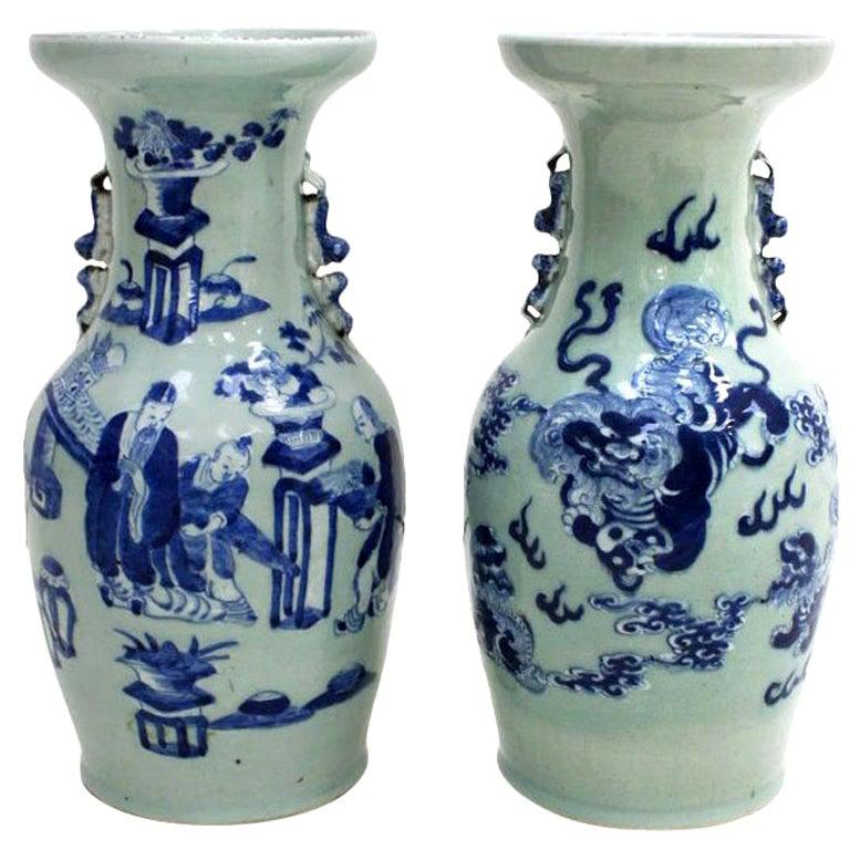 Pair of Large Blue and White Chinese Porcelain Vases at 1stDibs