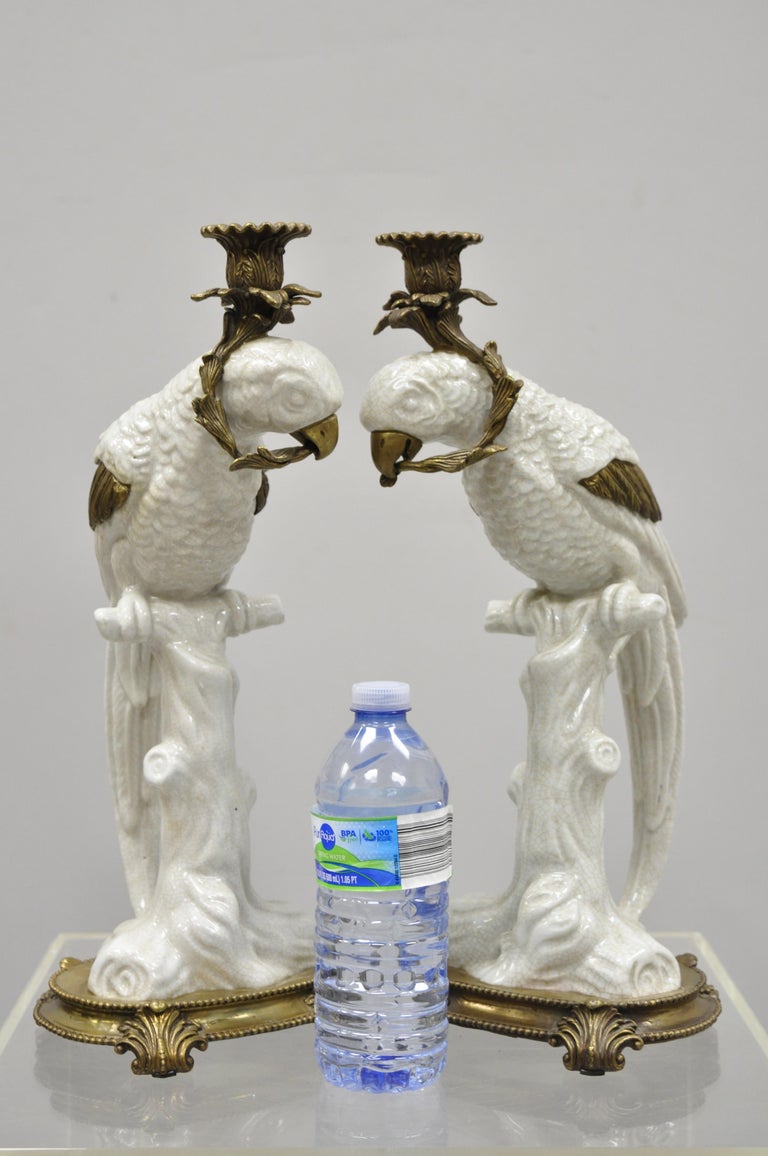 Pair of Porcelain and Bronze French Style White Parrot Candlestick ...
