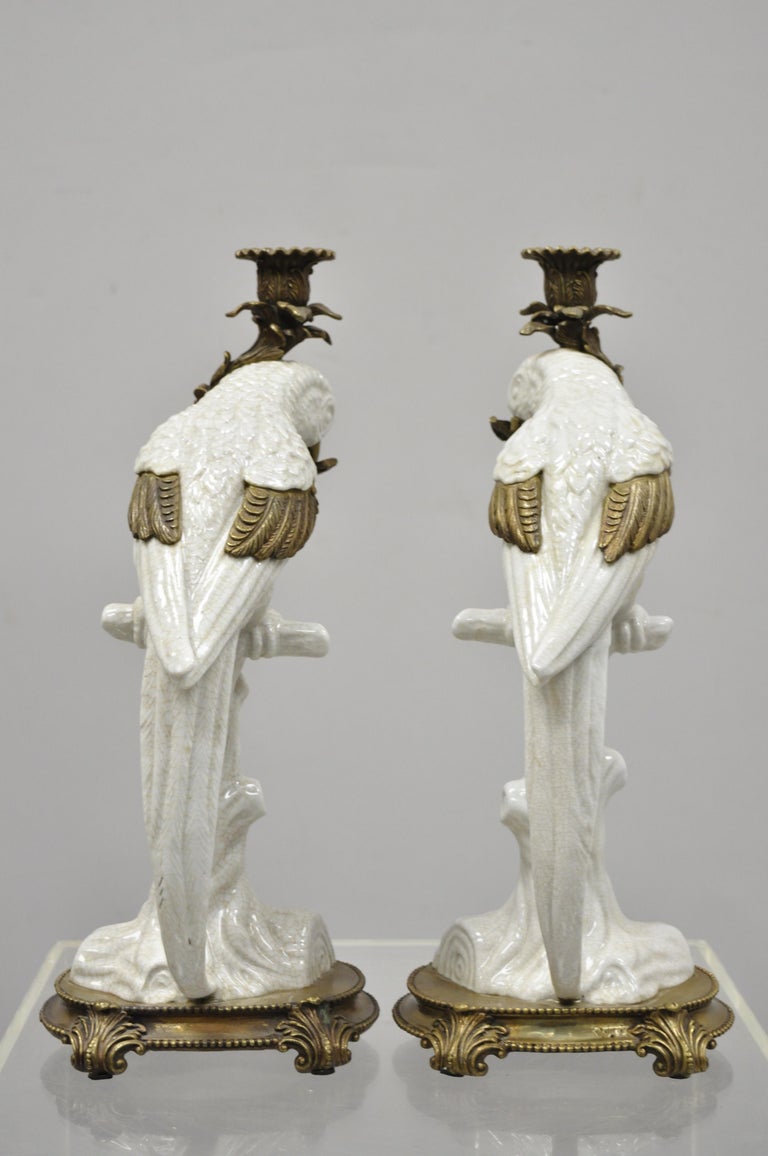 Pair of Porcelain and Bronze French Style White Parrot Candlestick ...