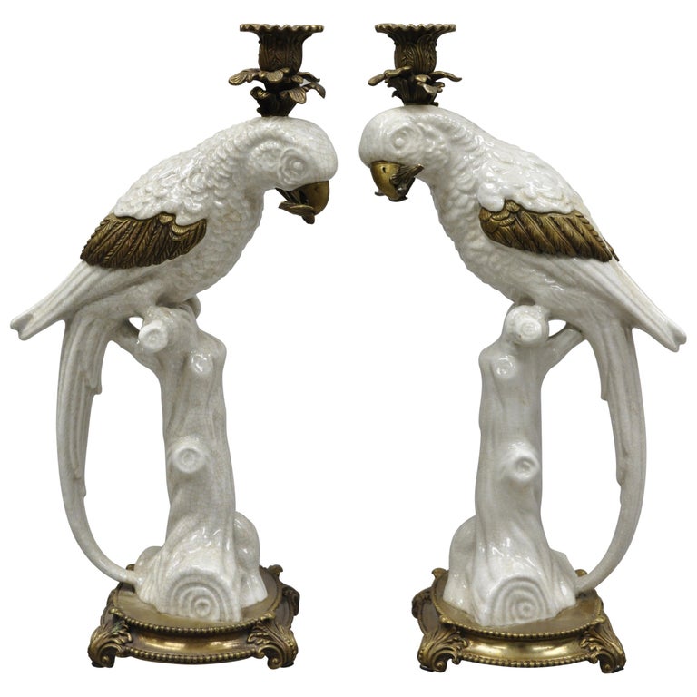 Pair of Porcelain and Bronze French Style White Parrot Candlestick ...