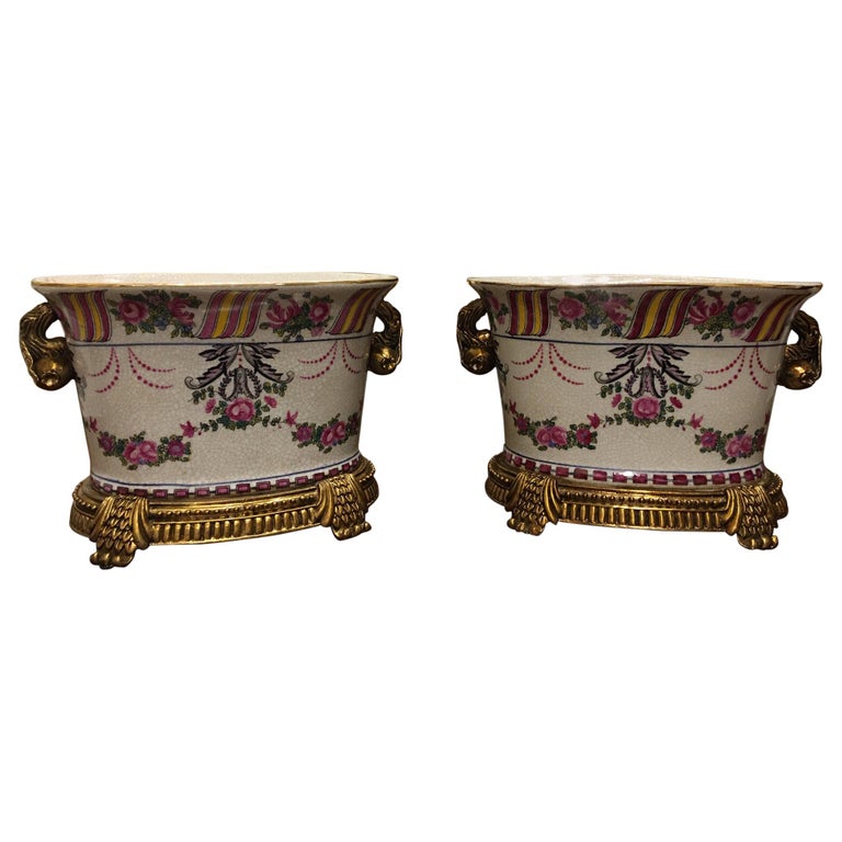 Pair of Porcelain Cache Pots or Jardinières with a Floral Motif, 20th ...