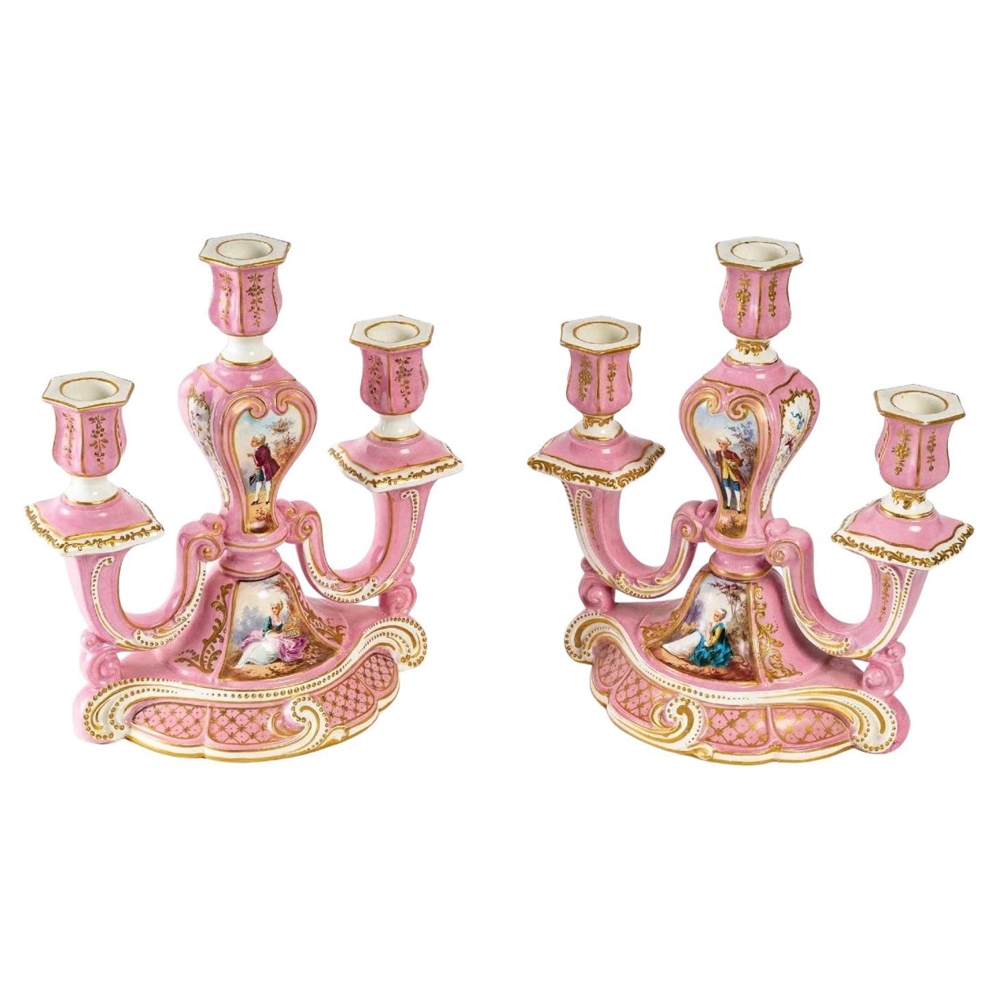 Pair of Gilt and Painted Porcelain Candlesticks, 19th Century at 1stDibs