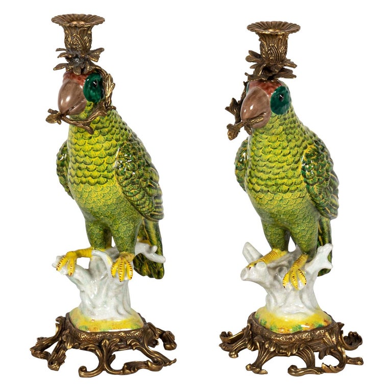 Pair of Porcelain Parrot Candlesticks at 1stDibs