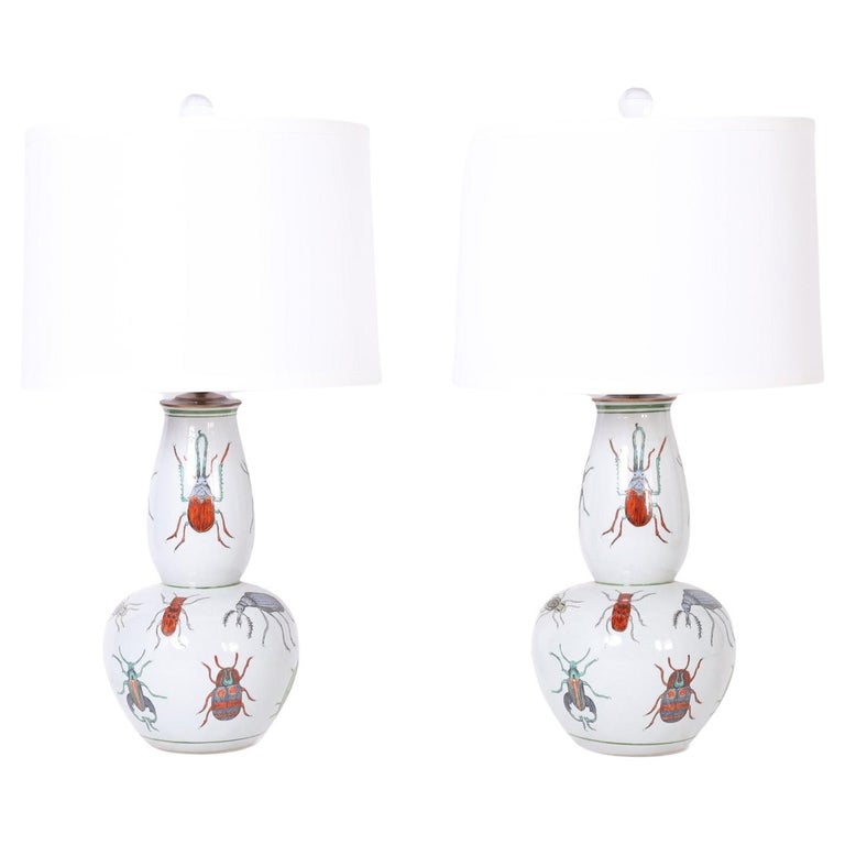 Pair of Porcelain Table Lamps Decorated with Insects For Sale at 1stDibs