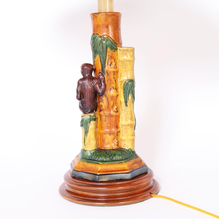 Pair of Porcelain Table Lamps with Monkeys and Umbrella Shades For Sale ...