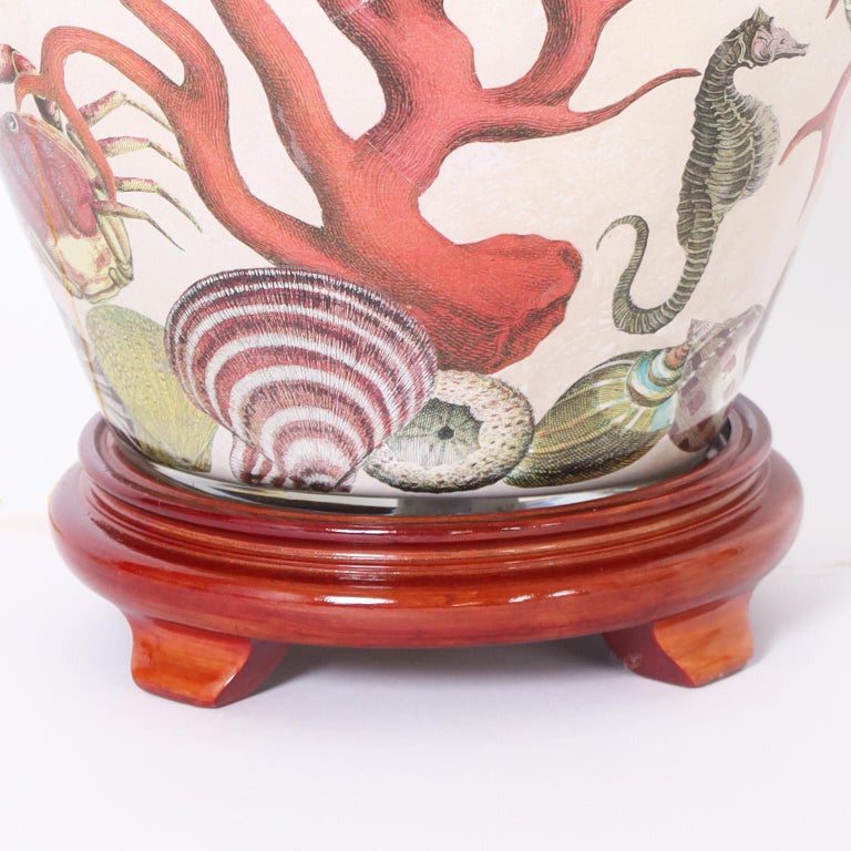 Pair of Porcelain Table Lamps with Red Coral and Fish For Sale at 1stDibs