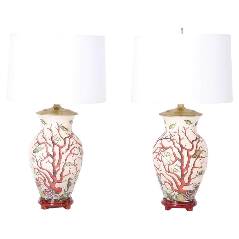 Pair of Porcelain Table Lamps with Red Coral and Fish For Sale at 1stDibs
