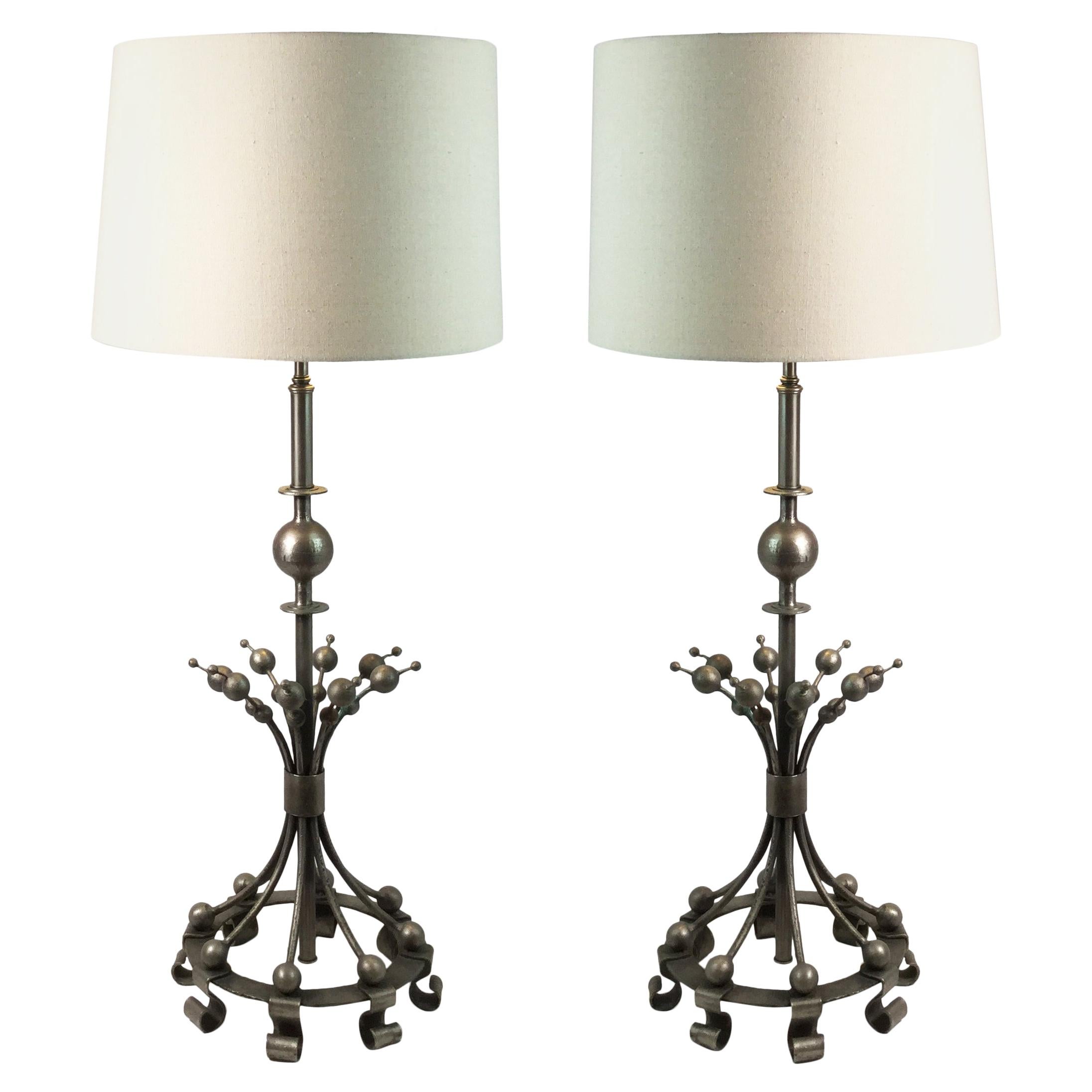 Pair of Italian Silver Metal Lamps For Sale at 1stDibs