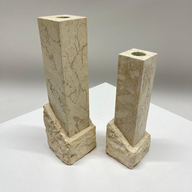 Pair of Post Modern Tessellated Travertine Candlesticks by Renoir ...