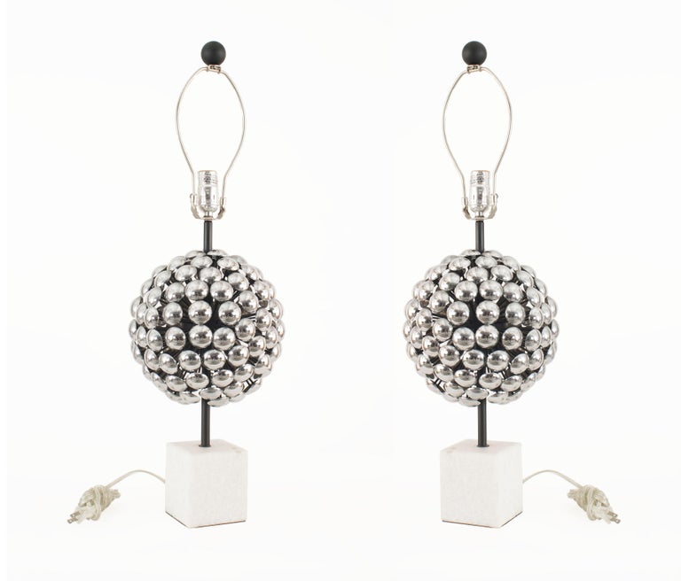 Pair of Post War Italian Silver Sphere Table Lamps For Sale at 1stDibs