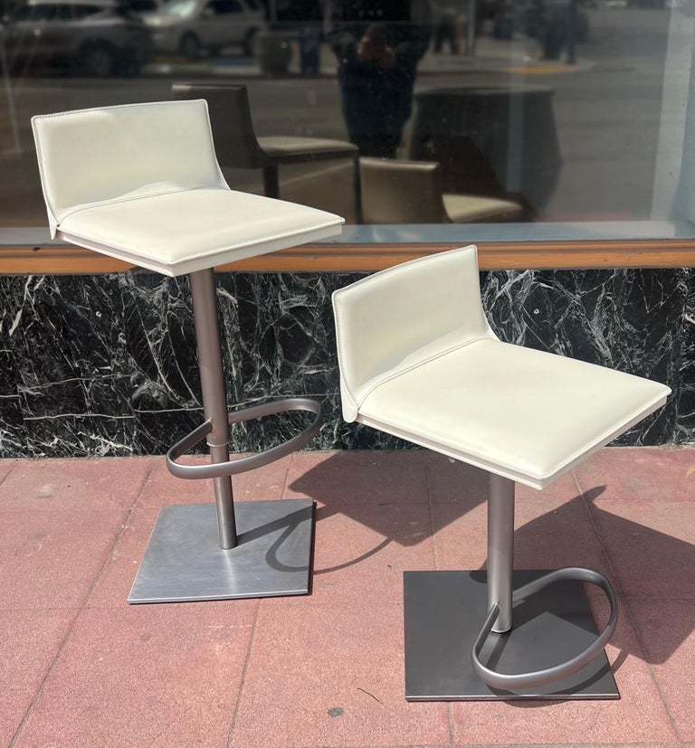 Pair of Postmodern Brushed Steel and Leather Adjustable Bar Stools by ...