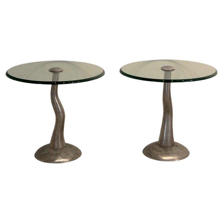 Pair of Postmodern Memphis Wavy Metal and Glass Top Round End Side ...