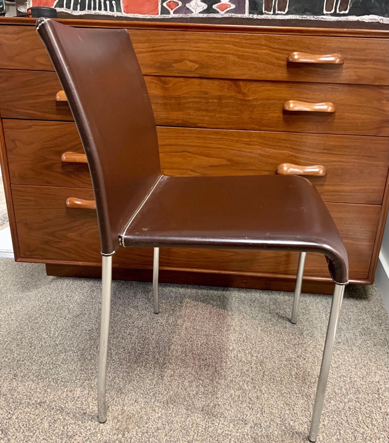 Pair of Potocco Italy Italian Brown Leather Dining Chairs at 1stDibs