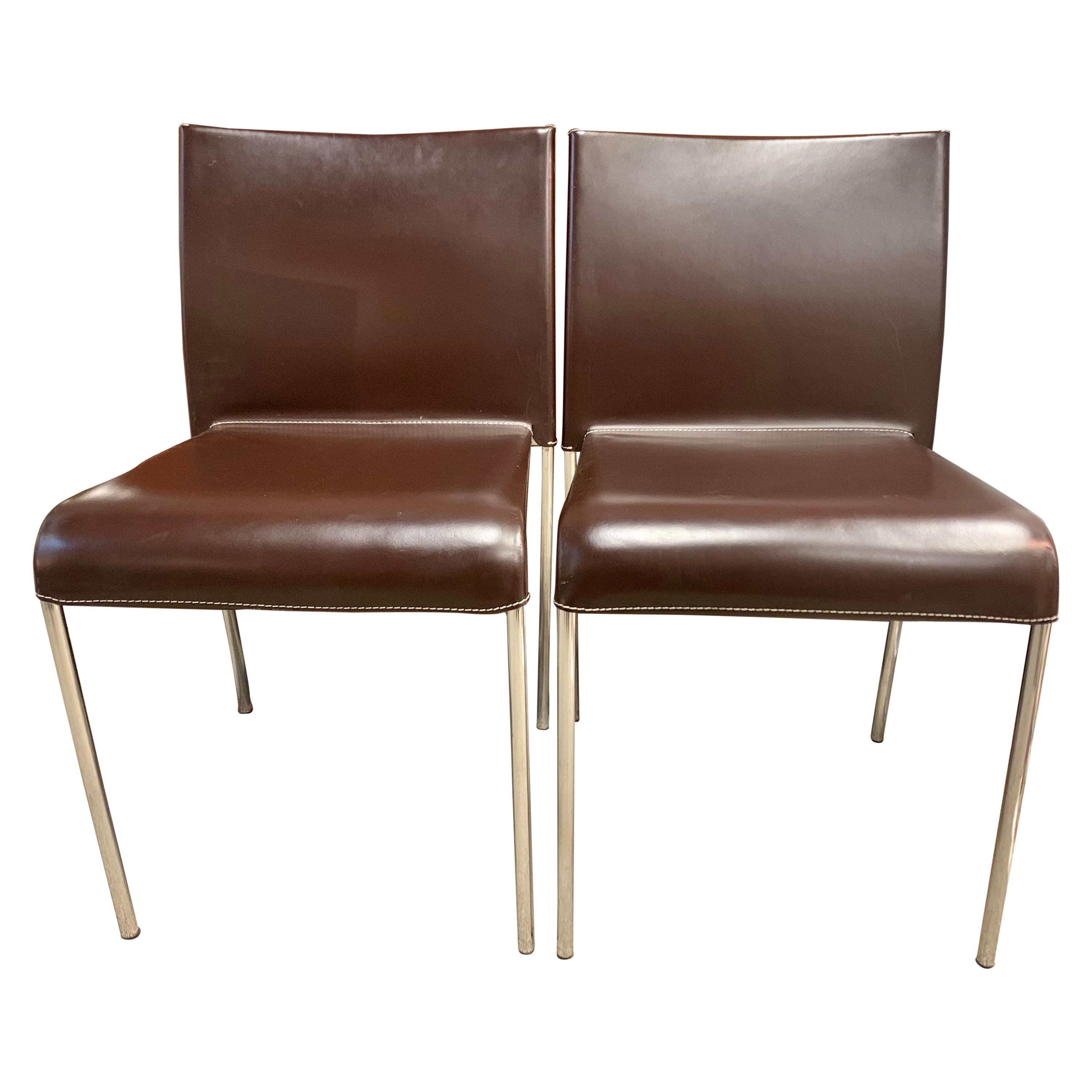 Pair of Potocco Italy Italian Brown Leather Dining Chairs at 1stDibs