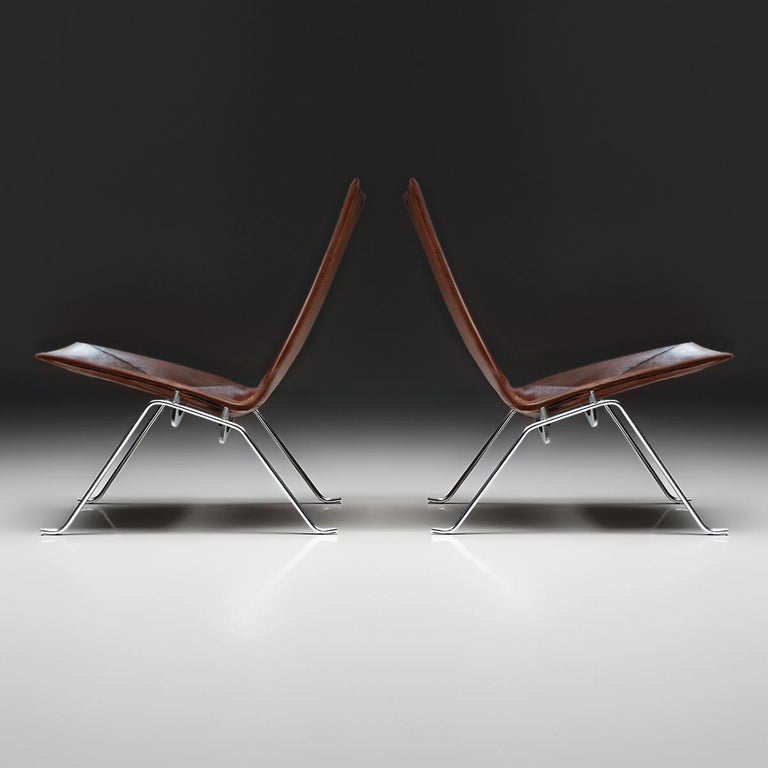 Pair of Poul Kjaerholm, E. Kold Christensen steel and leather PK22 Lounge chairs For Sale at 1stDibs