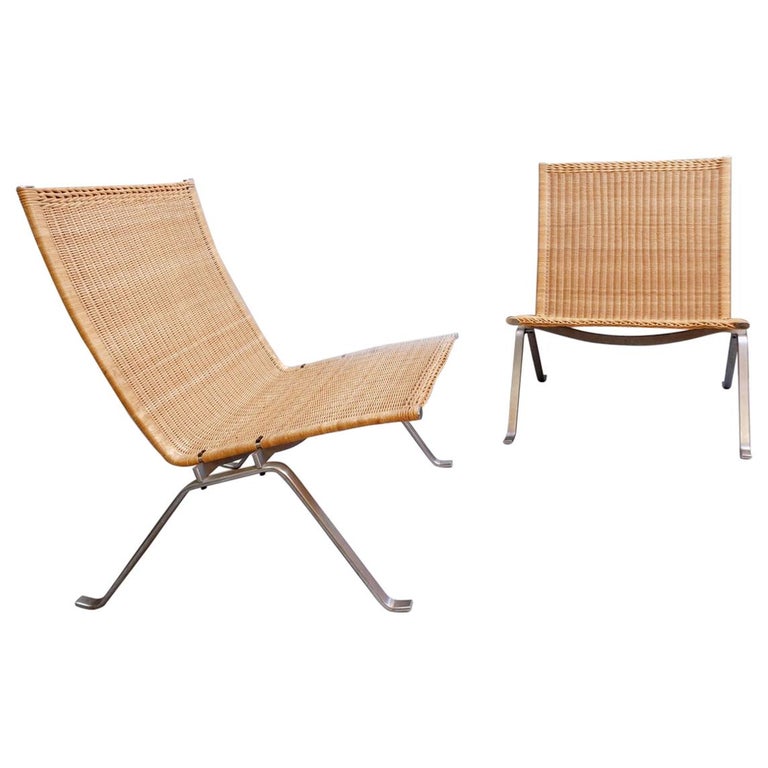 Pair of Poul Kjaerholm 'PK-22' Steel and Wicker Easy Chairs, Fritz Hansen at 1stDibs