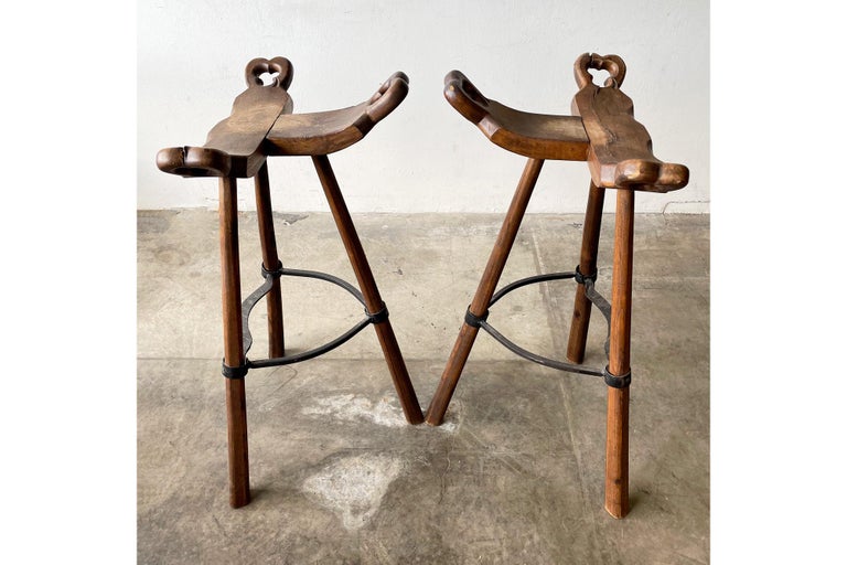 Pair of Primitive Carved Wood “Birthing” Bar Stools For Sale at 1stDibs