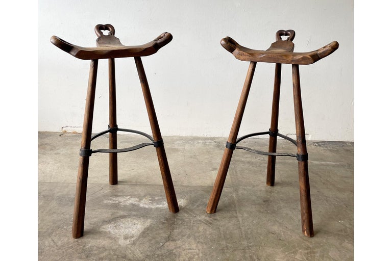 Pair of Primitive Carved Wood “Birthing” Bar Stools For Sale at 1stDibs