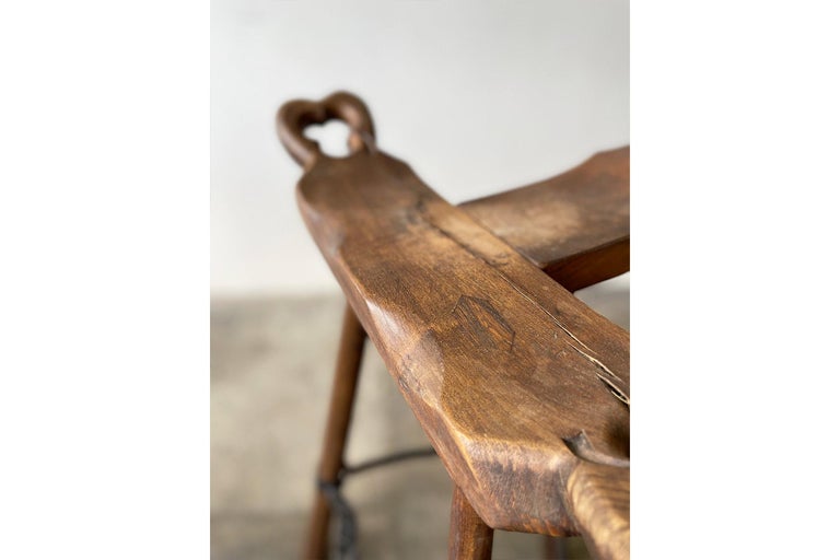 Pair of Primitive Carved Wood “Birthing” Bar Stools For Sale at 1stDibs