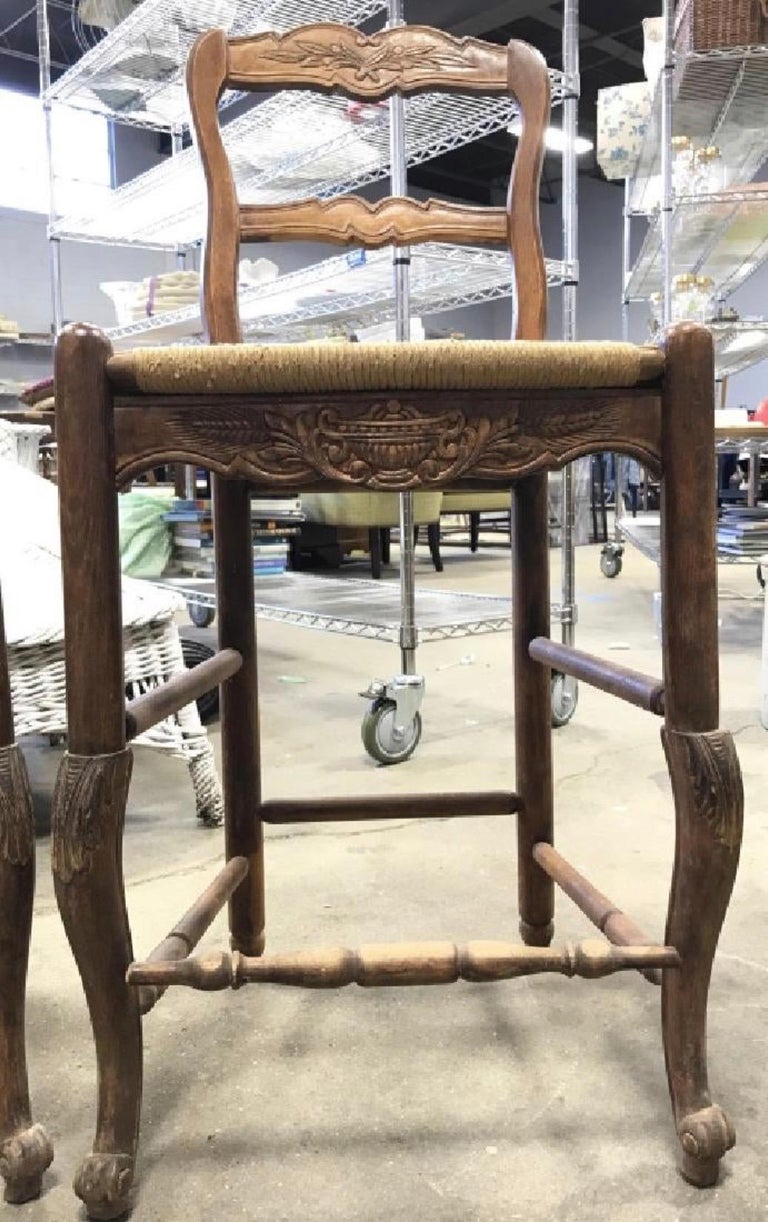 Pair of Provincial Carved Wooden Bar Stools with Rushed Seats For Sale ...