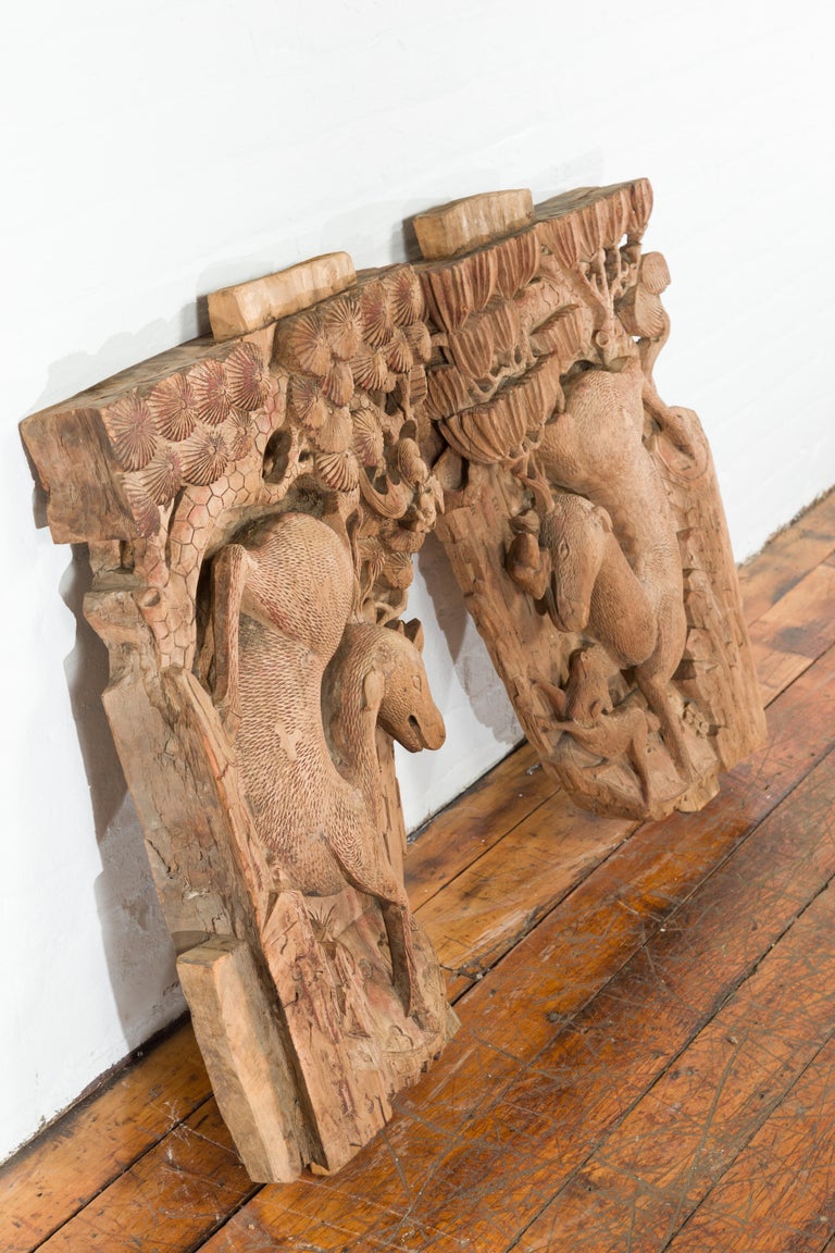 Pair of Qing Dynasty Hand-Carved Wooden Temple Corbels with Deer Motifs ...