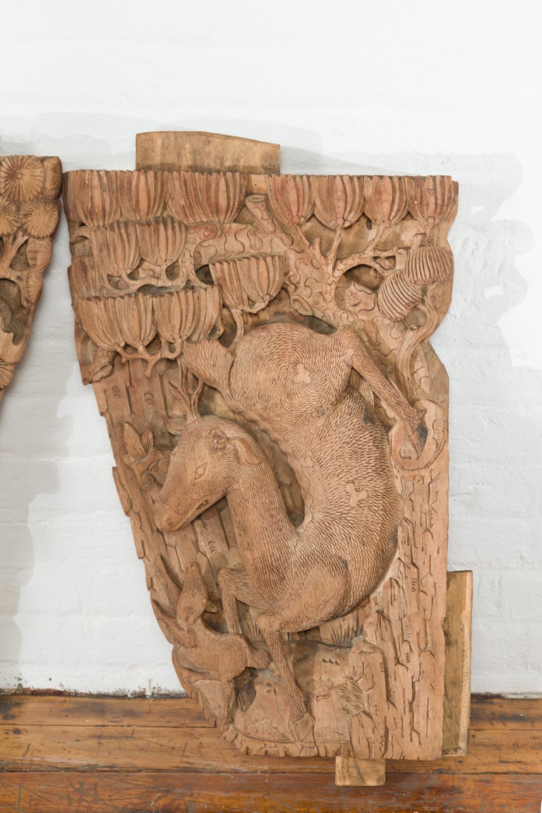 Pair of Qing Dynasty Hand-Carved Wooden Temple Corbels with Deer Motifs ...