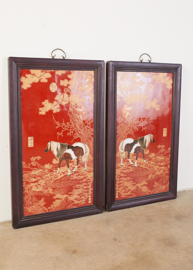Pair of Qing Style Porcelain Panels Orange Monkey and Horse at 1stDibs