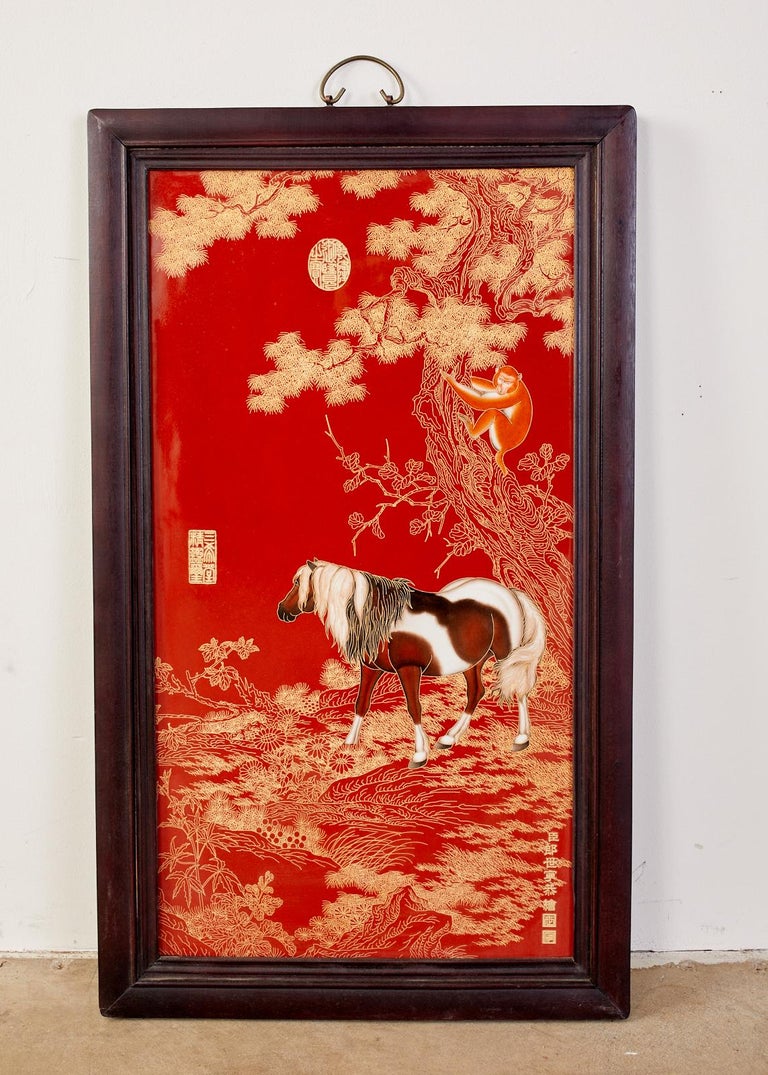 Pair of Qing Style Porcelain Panels Orange Monkey and Horse at 1stDibs