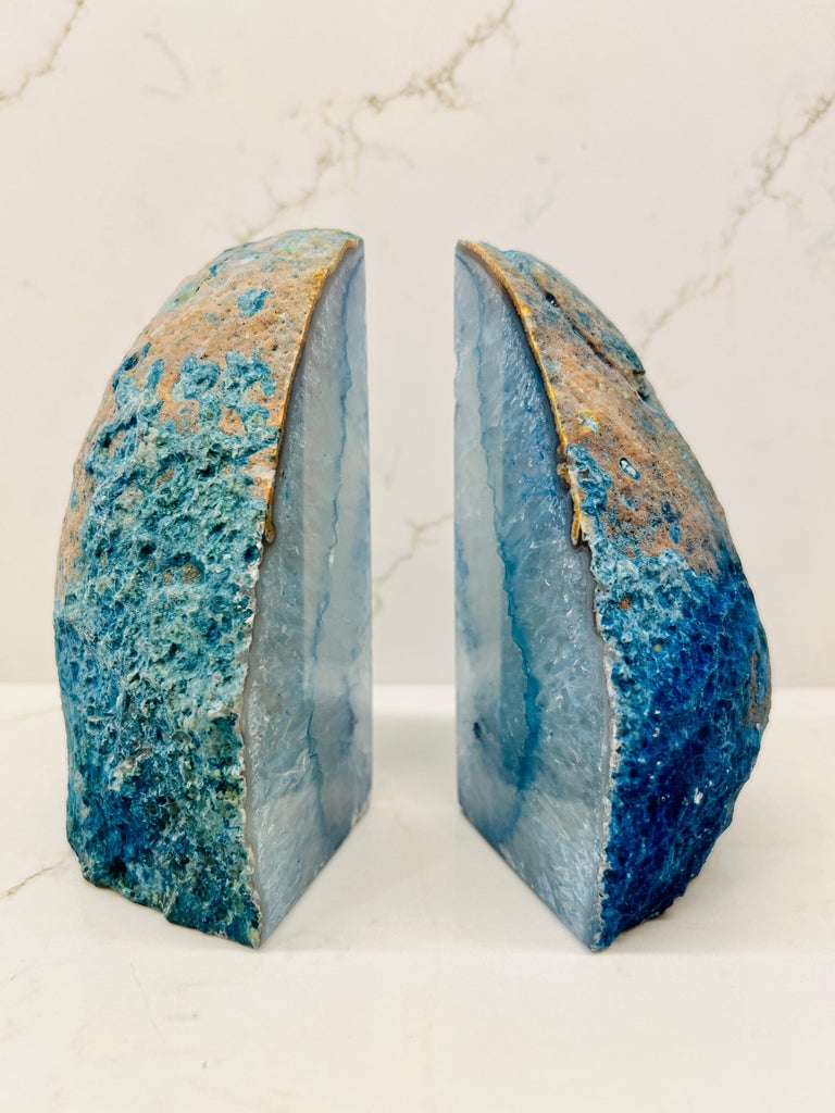 Pair of Quartz Crystal Geode Bookends in Blue and White For Sale at 1stDibs