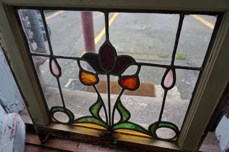 Pair Of Rare Art Nouveau Stain Glass Windows With Scrolling Tulip and ...