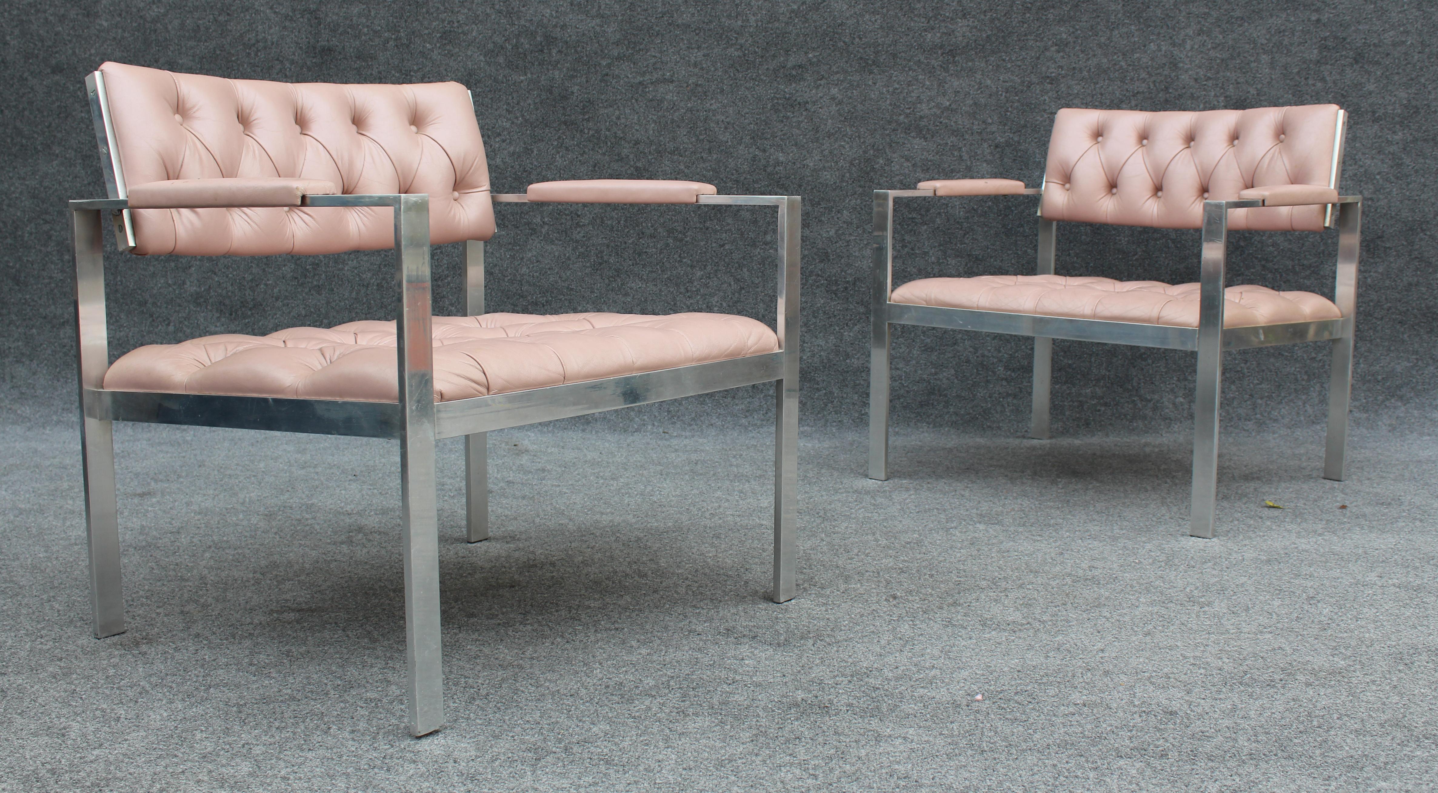 Pair of Rare Harvey Probber Polished Aluminum and Pink Leather Lounge ...