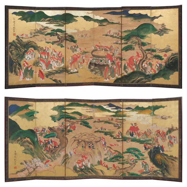 Pair of Rare Japanese Large 6-Panel Momoyama-Style Screens of Festive ...