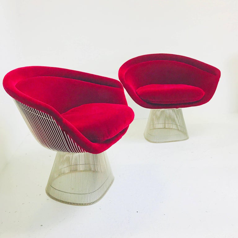 Pair of Raspberry Velvet Warren Platner Lounge Chairs at 1stDibs