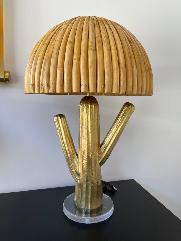 Pair of Rattan and Brass Cactus Lamps, Italy For Sale at 1stDibs