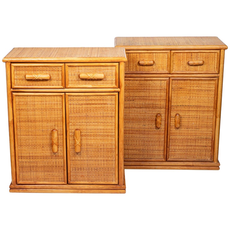 Pair of Rattan and Woven Wicker Two Drawer Cabinets with Interior ...