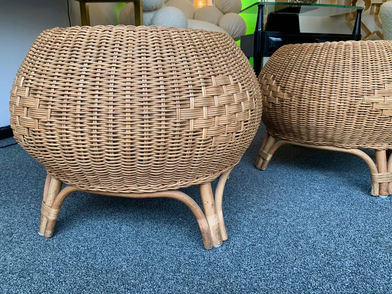 Pair of Rattan Ball Poufs Stools. Italy, 1970s at 1stDibs | rattan poofs