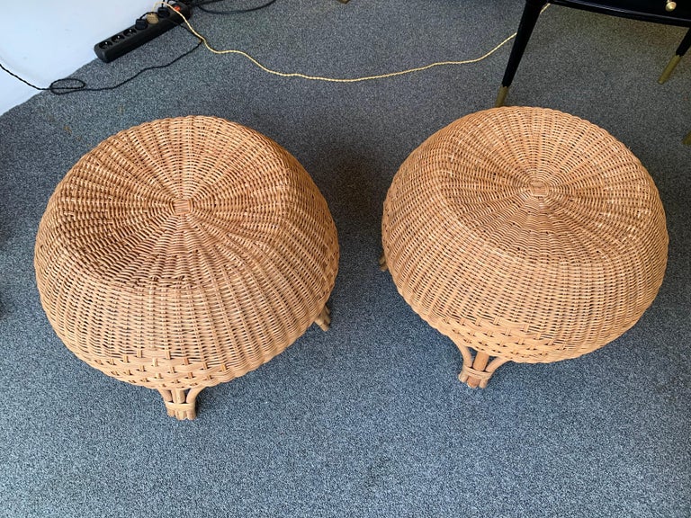 Pair of Rattan Ball Poufs Stools. Italy, 1970s at 1stDibs | rattan poofs