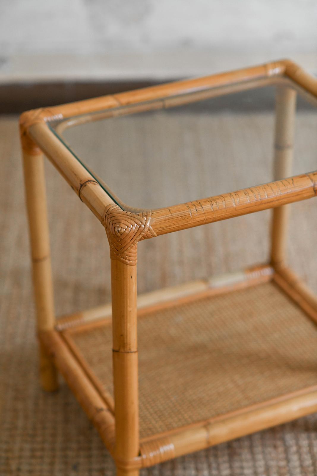 Pair of rattan bedside tables with rattan fabric and glass shelves ...