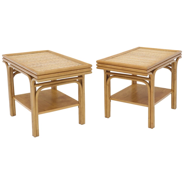 Pair of Rattan Frames Cane Tops Rectangular One Shelve End Side Tables ...