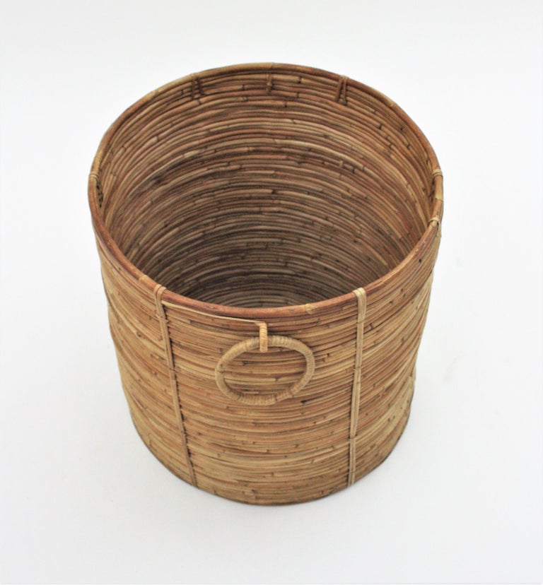 Pair of Rattan Large Round Planters or Baskets with Ring Handles, 1970s ...