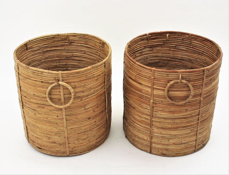Pair of Rattan Large Round Planters or Baskets with Ring Handles, 1970s ...