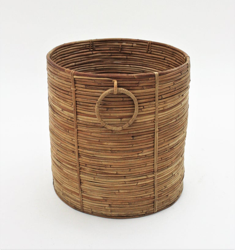 Pair of Rattan Large Round Planters or Baskets with Ring Handles, 1970s ...