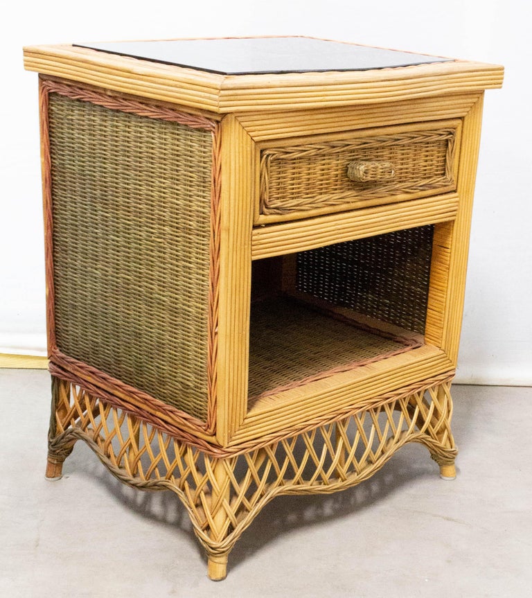 Pair of Rattan Nightstands Mirror Top Side Cabinets Bedside Tables ...